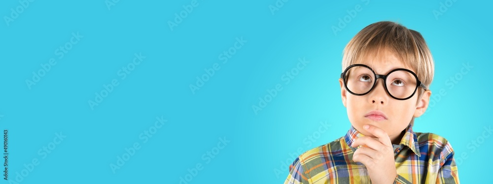 Healthy eyes and vision. Portrait nerd kid child with question face ...