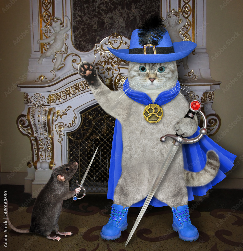 An ashen cat dressed in blue musketeer costume with a sword is standing ...