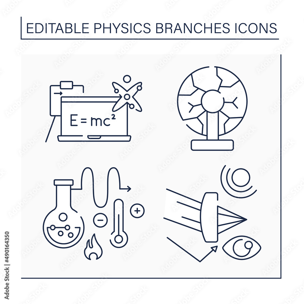 Physics branches line icons set. Modern physics, thermodynamics, plasma ...