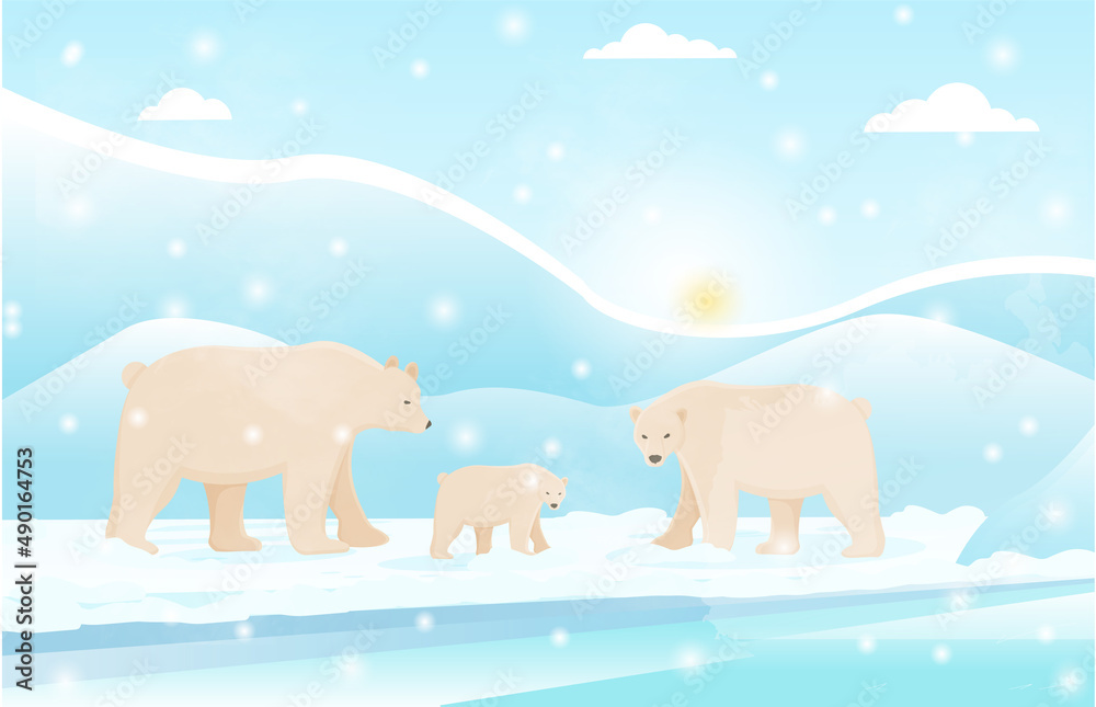 White bears and cub bear walks through snow. Cute Arctic animals in ...