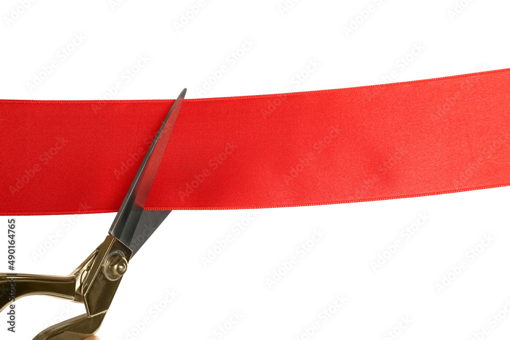 Cutting red ribbon with scissors on white background Stock Photo ...