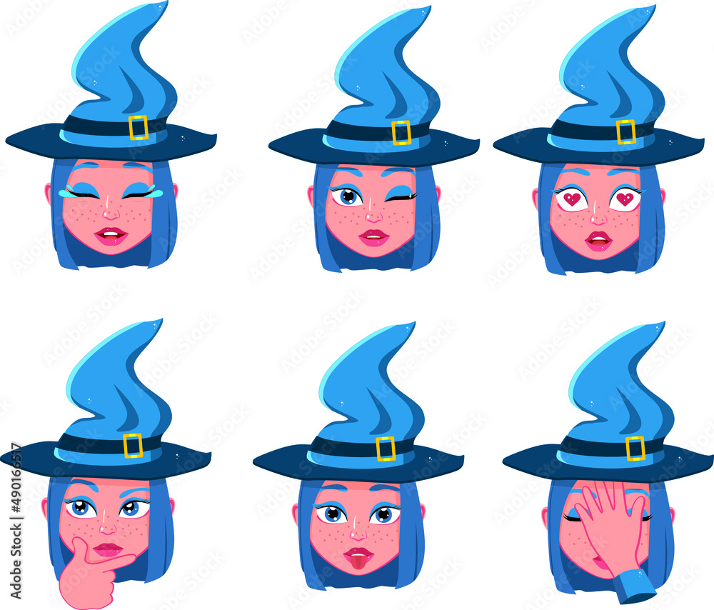 Pretty young witch emoji. Flat character sorceress. Magic vector ...