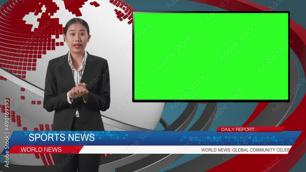 Live News Studio With Asian Professional Female Anchor And Green Screen ...