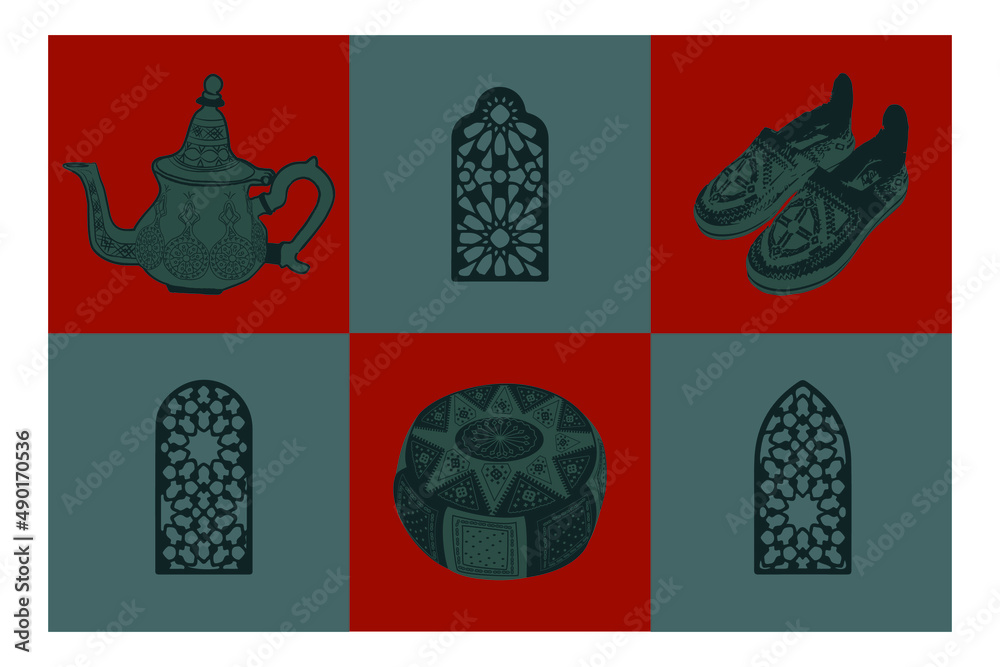 Moroccan scene. A Moroccan door, window and traditional craftsmanship ...