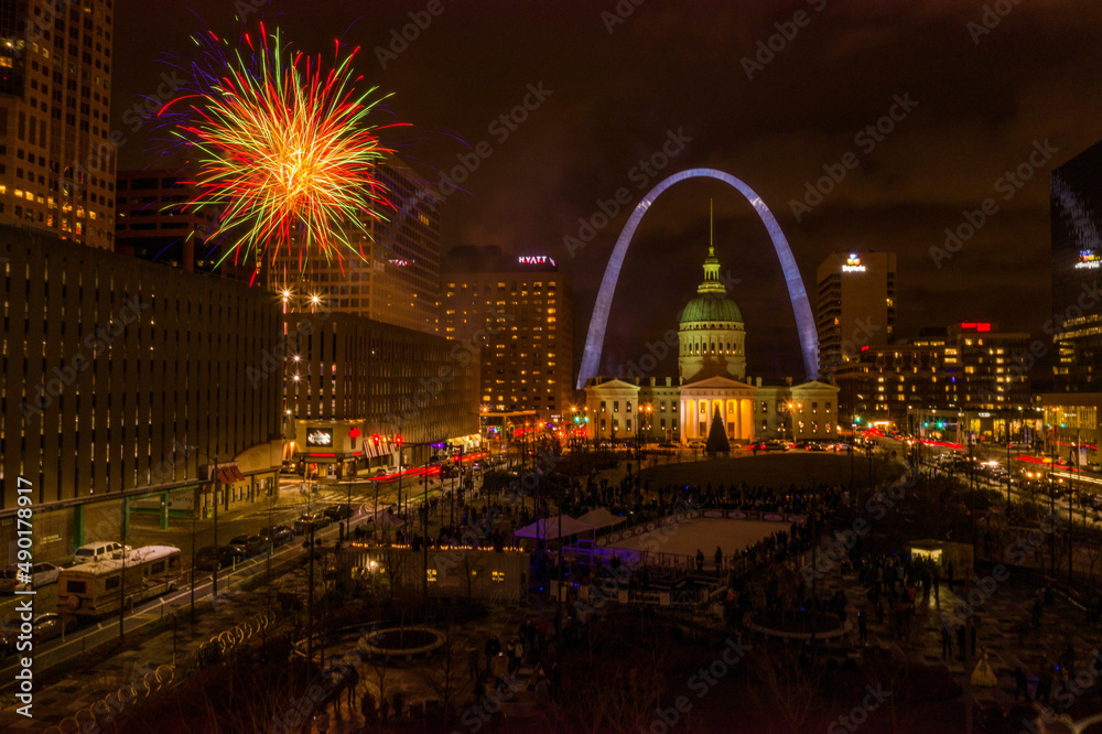 Gateway Arch At Night With Fireworks