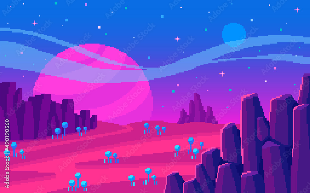Pixel art background. Sharp stones and plants on alien planet. เวกเตอร์ ...