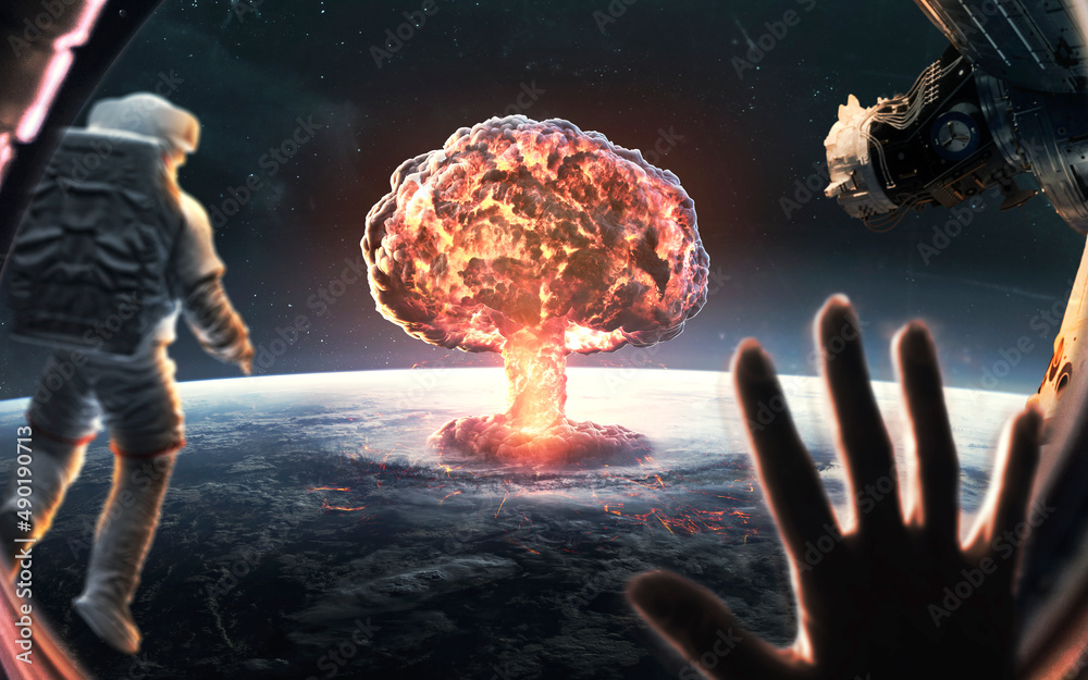 3D illustration of Nuclear explosion over planet earth. World war, end ...