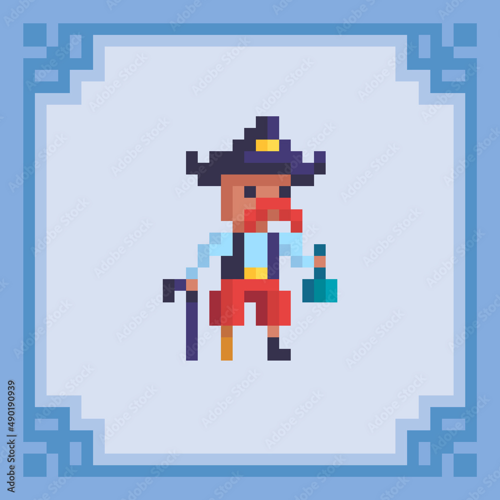 A pirate captain with bottle. Pixel art character. Vector illustration ...