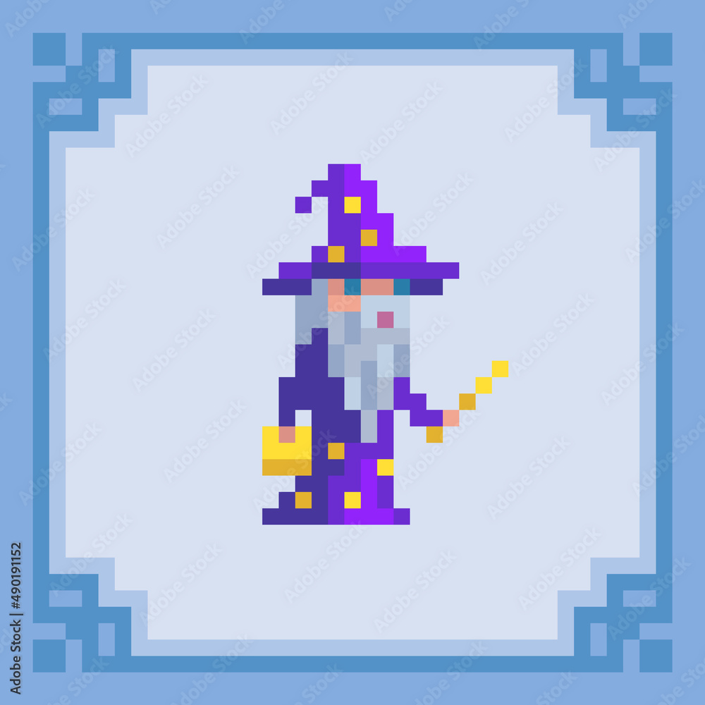 Old witch man with magic stick. Pixel art wizard character. Vector ...