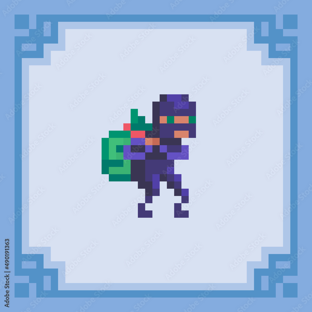 Thief carries sack with money.Pixel art bandit character Stock Vector ...