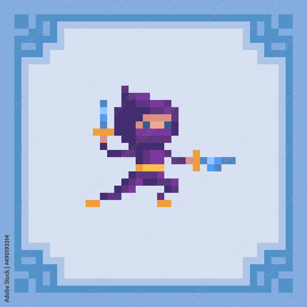 Ninja with ancient weapon. Pixel art character. Vector illustration ...