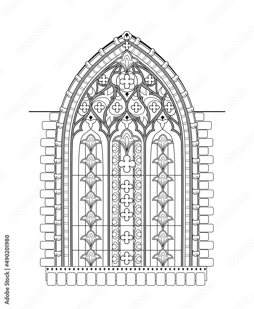 Beautiful Gothic stained glass window from French church. Black and ...
