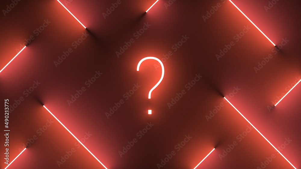 Digital render of neon red lines around an illuminated question mark ...