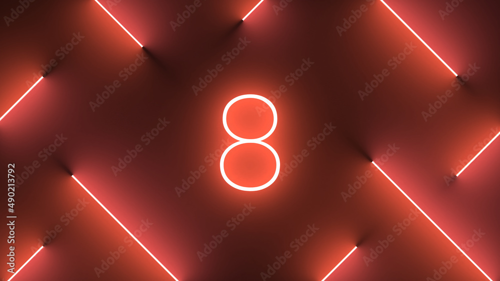 Digital render of neon illuminated lines around an illuminated number 8 ...