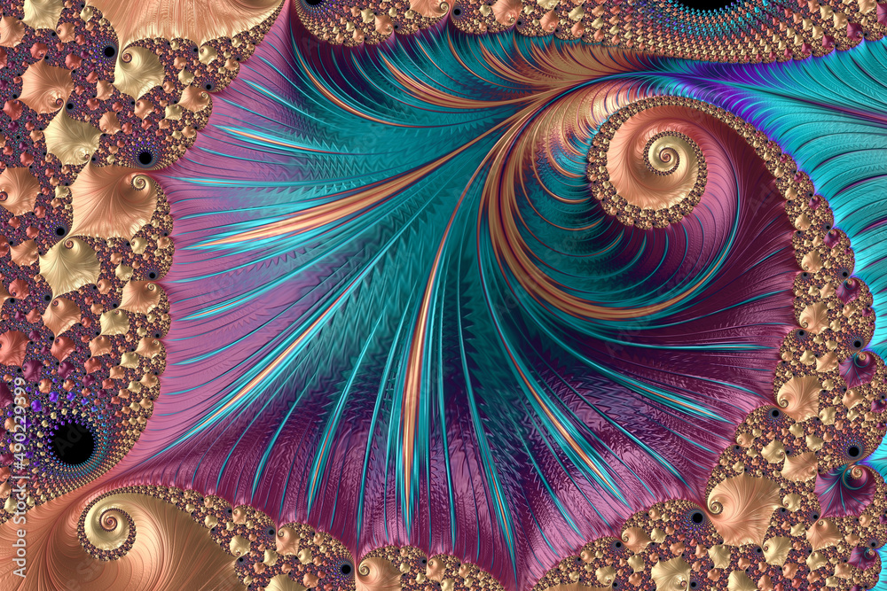 Addictive fractal art in gold, pink and turquoise shades and spirals ...