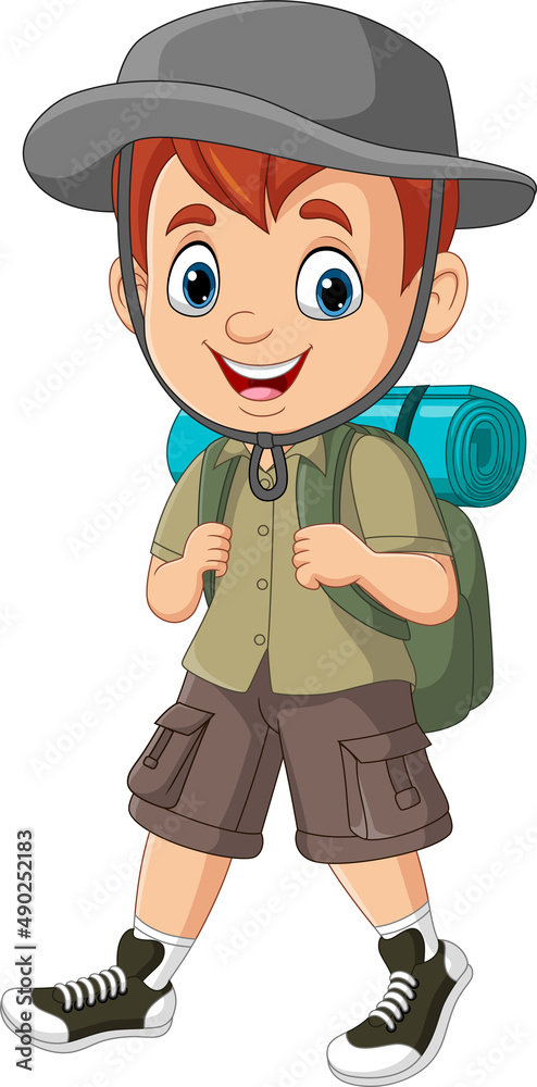 Cartoon little boy explorer with backpack Stock Vector | Adobe Stock