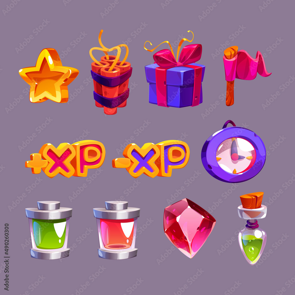 Vetor de Game icons, cartoon gold star, dynamite, gift box and red flag ...