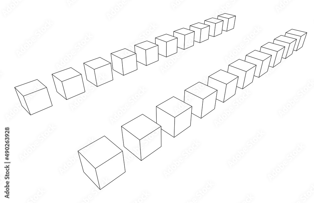 perspective drawing of two rows of ten cubes, 3d outline shapes ...