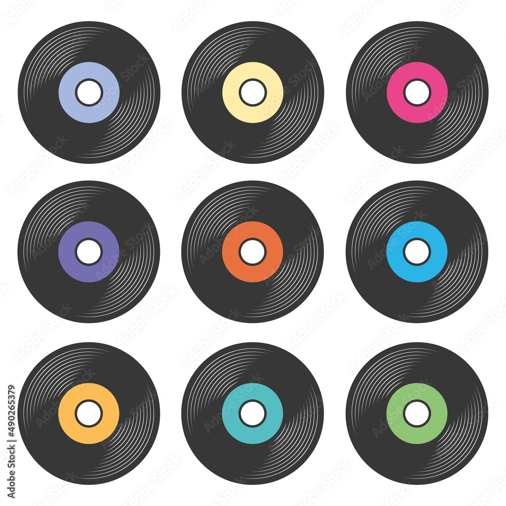 Vinyl record icon set in different label colors, lp record symbol Stock ...