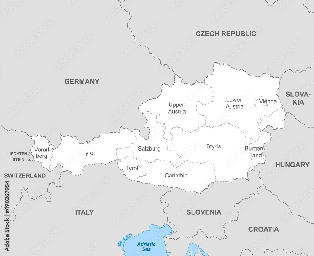 Political map of Austria with borders with borders of regions Stock ...