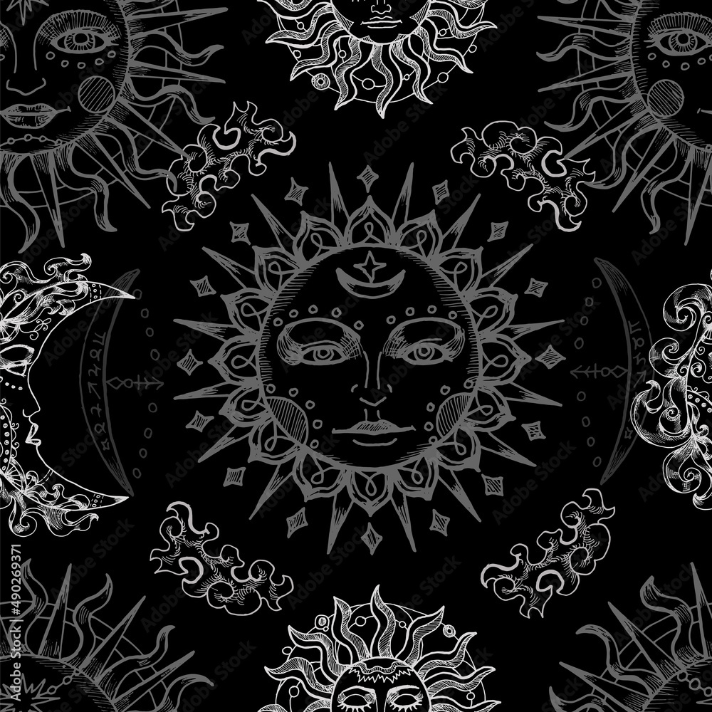 Celestial seamless pattern with fantasy mystic symbols and signs of sun ...