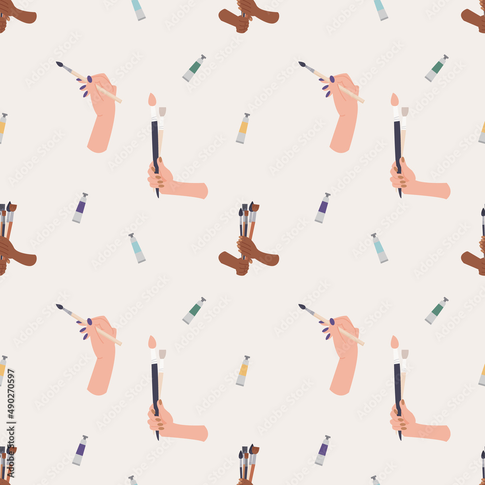Seamless pattern of art supplies for craft design and creativity ...