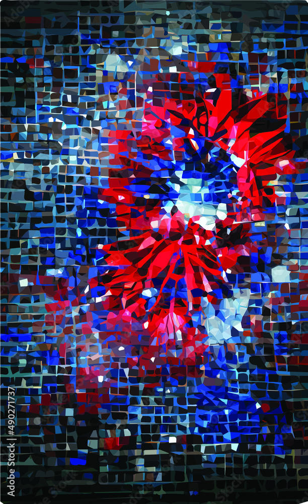 Abstract mosaic, red-blue explosion on a black background. Scattering ...