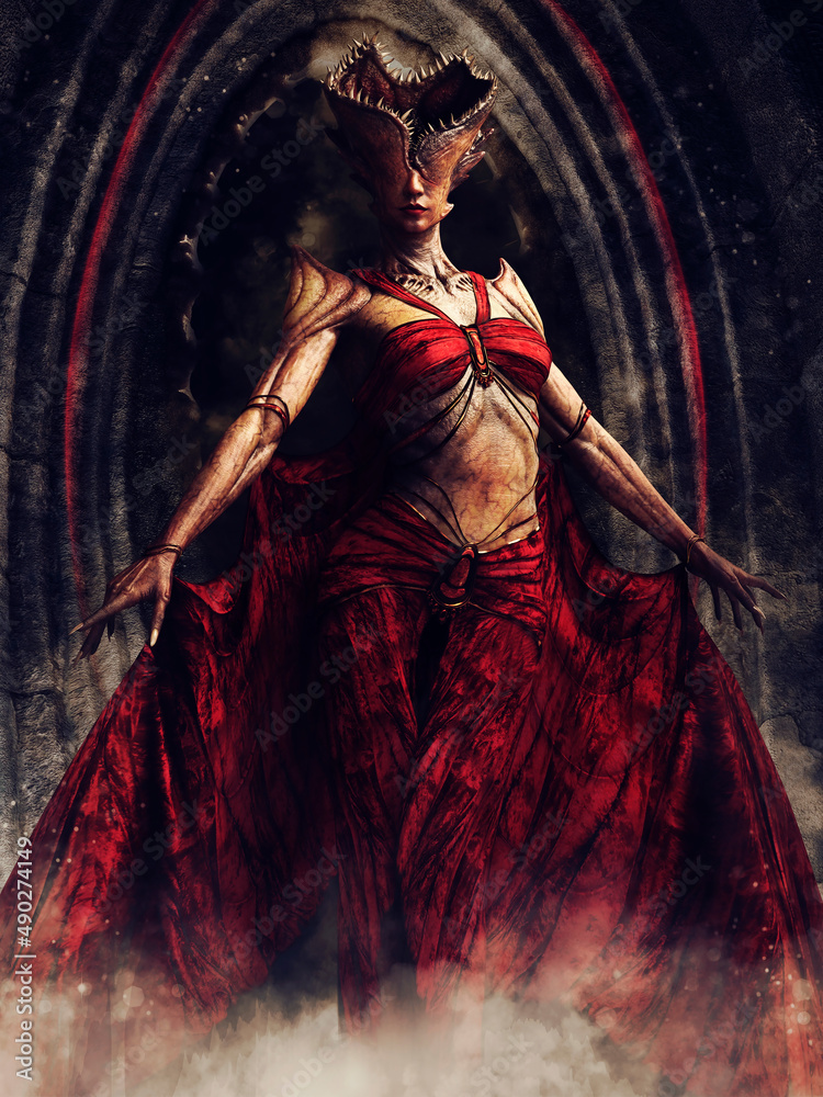 Mysterious fantasy woman with a monstrous face, in a red dress ...