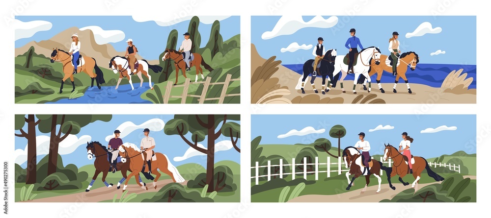Horseback riders in nature set. People riding horse, stallion backs ...