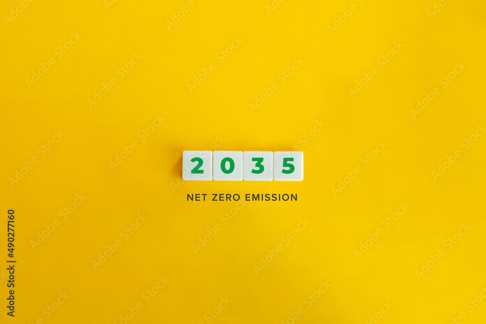 2035 Net Zero Emission Banner. Block letters on bright orange ...