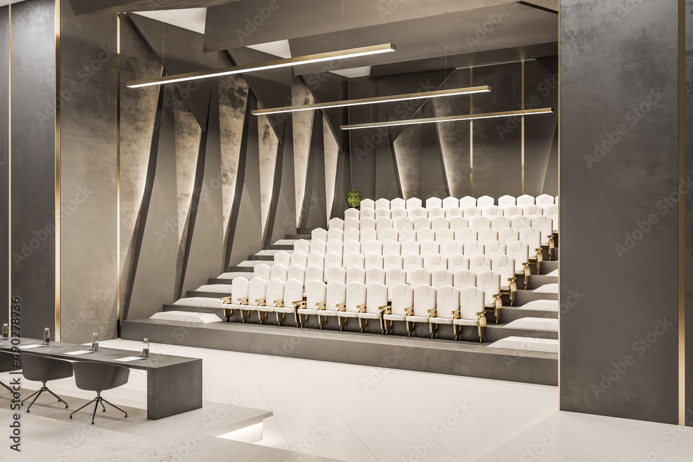 Light luxury concrete lecture hall auditorium interior with seats and ...