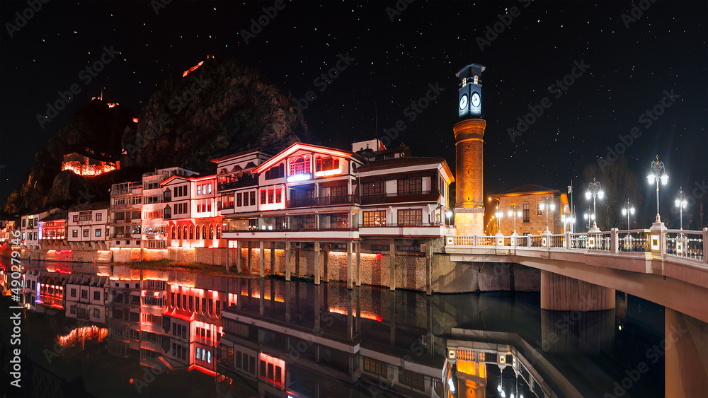 Amasya, Turkey Old Ottoman houses night panoramic view by the ...