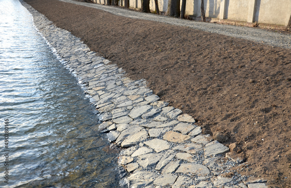 pond sluice, water reservoirs with regulation and concrete dam shaft ...