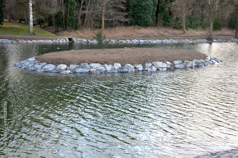 pond sluice, water reservoirs with regulation and concrete dam shaft ...