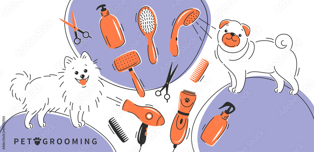 Pet grooming. Cartoon dogs character with different tools for animal ...