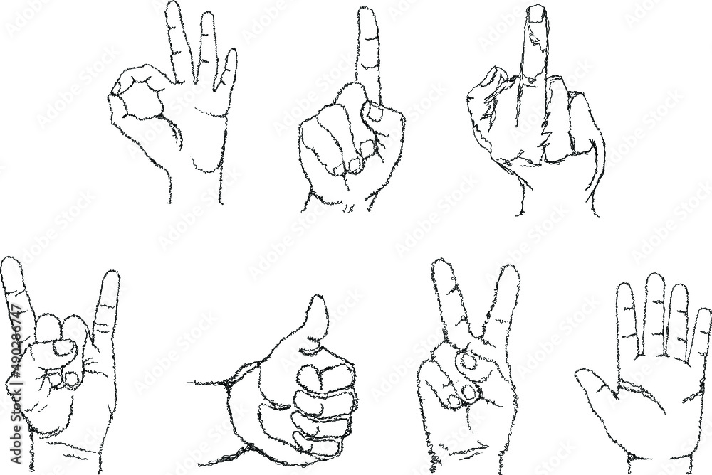 A set of 7 hand gestures. Scribble Thumbs up victory palm middle finger ...