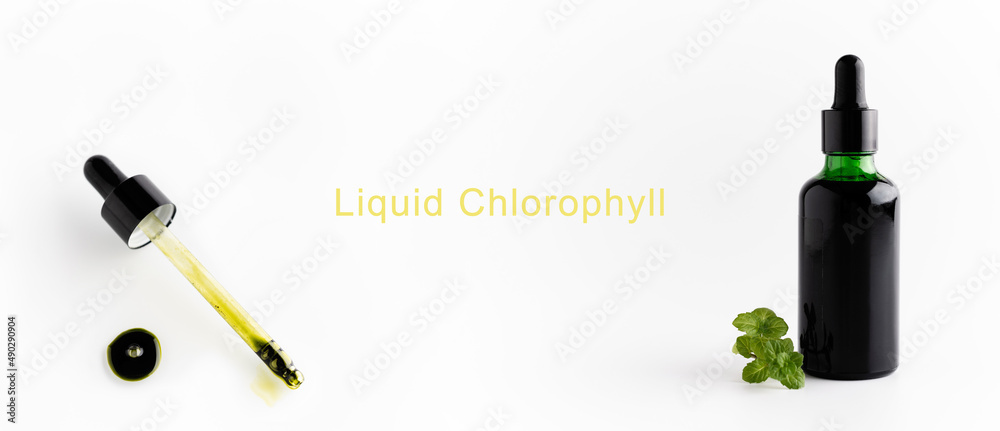 Extract of natural liquid chlorophyll in a jar with a mint leaf and a ...