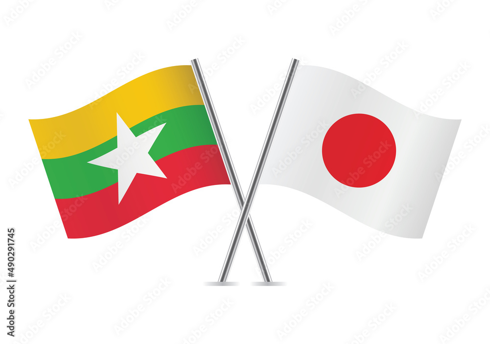 Myanmar (Burma) and Japan crossed flags. Burmese and Japanese flags ...