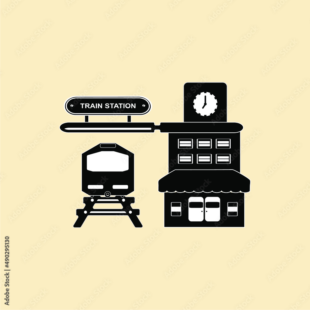 vector illustration of a train station, in black, perfect for icons ...