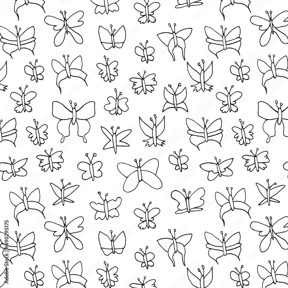 seamless pattern with outline butterflies Stock Vector | Adobe Stock