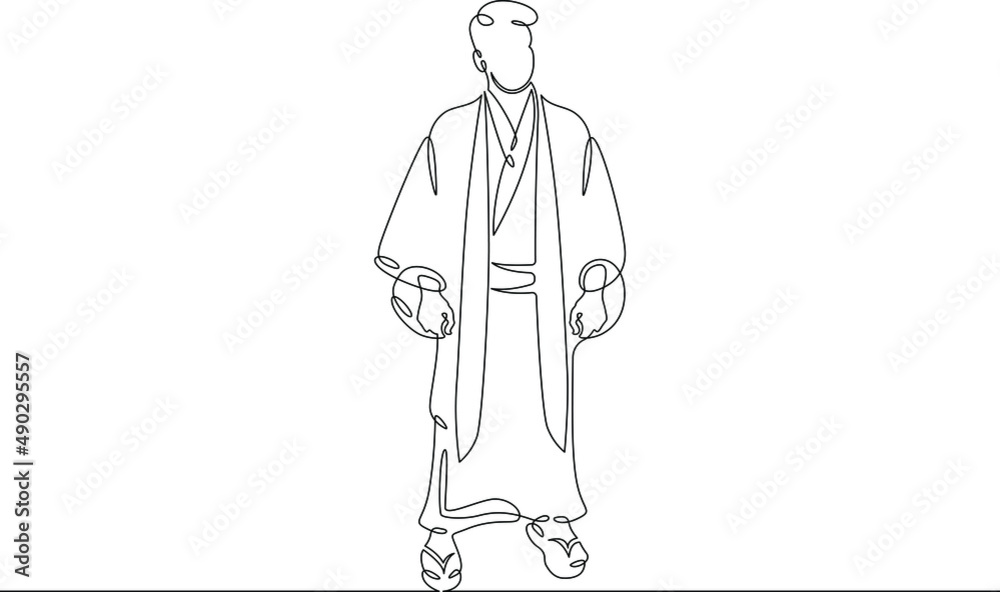 One continuous line.Japanese man character in traditional folk national ...