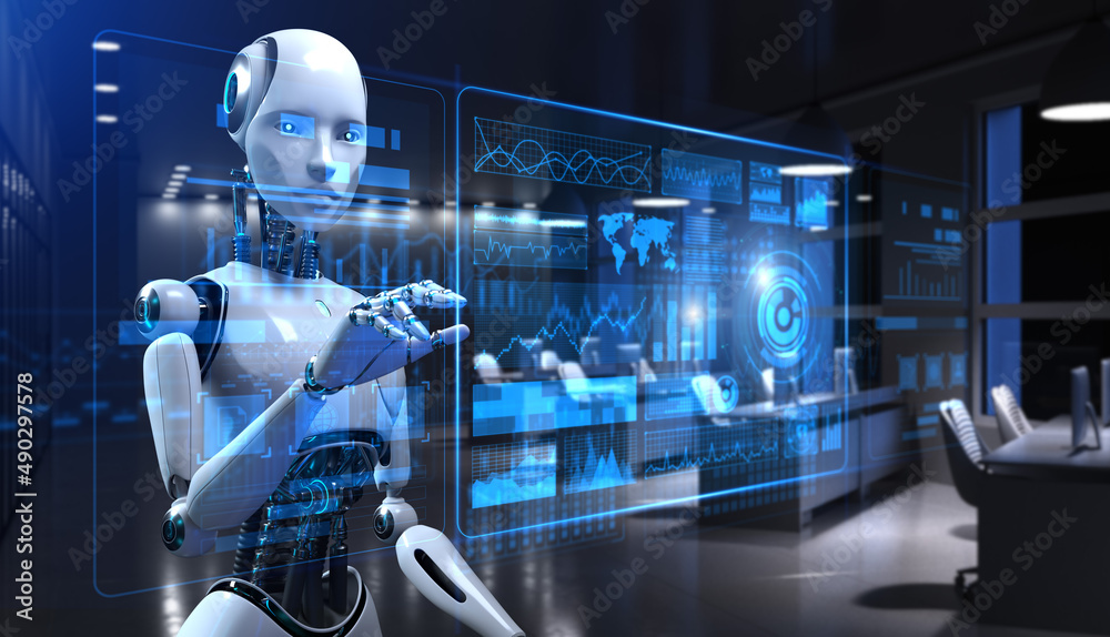 Cyborg Robot 3d render. Robotic process automation RPA data analysis ...