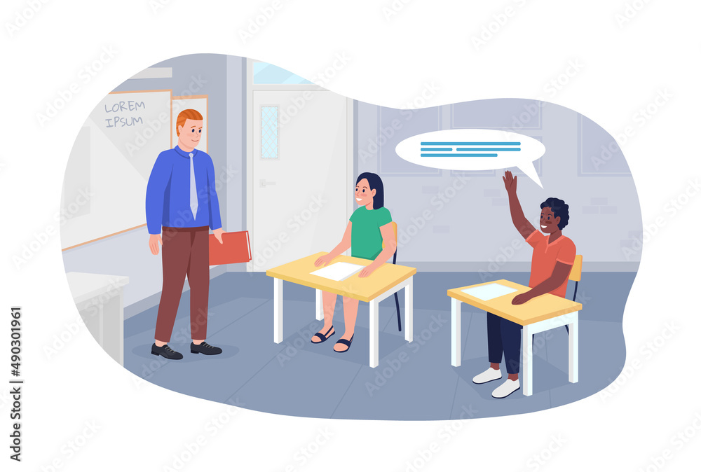 School lesson 2D vector isolated illustration. Teacher and students ...
