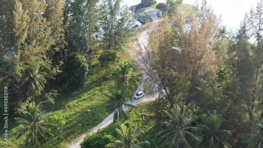 Cinematic aerial birds eye view overlooking trees and narrow leading ...