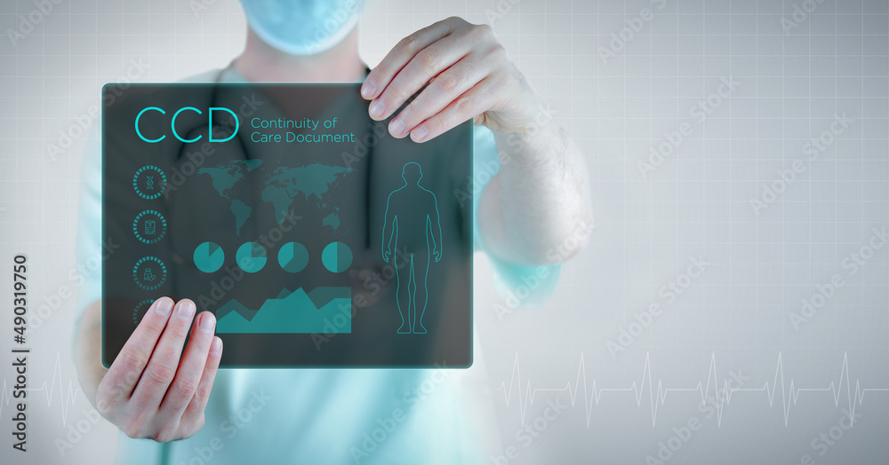 CCD (Continuity of Care Document). Doctor holding virtual letter with ...