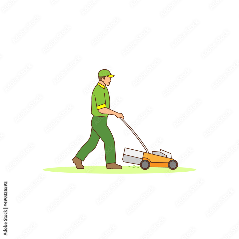Gardener or grass cutter worker cutting grass with lawn mower simple ...