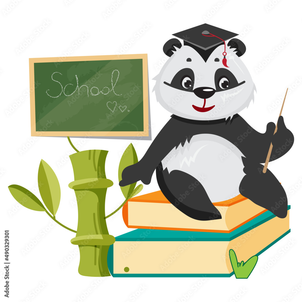 The panda character is studying at school. Sitting on a stack of books ...