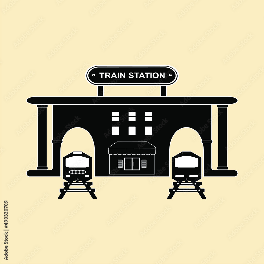 vector illustration of a train station, in black, perfect for icons ...