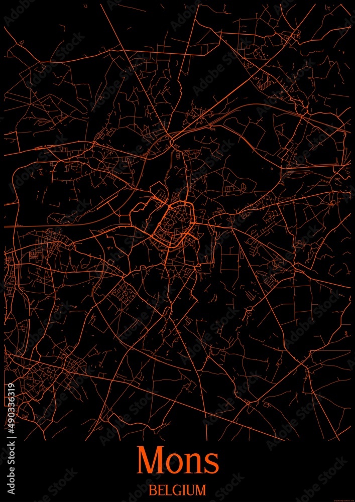 Black and orange halloween map of Mons Belgium.This map contains ...