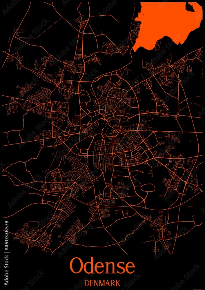 Black and orange halloween map of Odense Denmark.This map contains ...